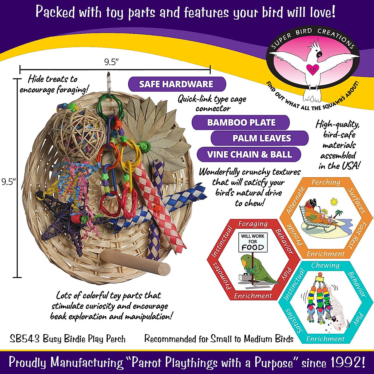 Super Bird Creations SB543 Busy Birdie Play Perch Bird Toy, Small/Medium Bird Size, 9.5" x 9.5" x 6"