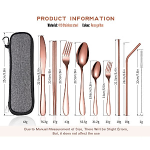 AARainbow 9 Pieces Stainless Steel Flatware Set Portable Reusable Cutlery Set Travel Utensils Set Including Chopsticks Knife Fork Spoon Straws Cleaning Brush Dishwasher Safe (9 Rose Gold)