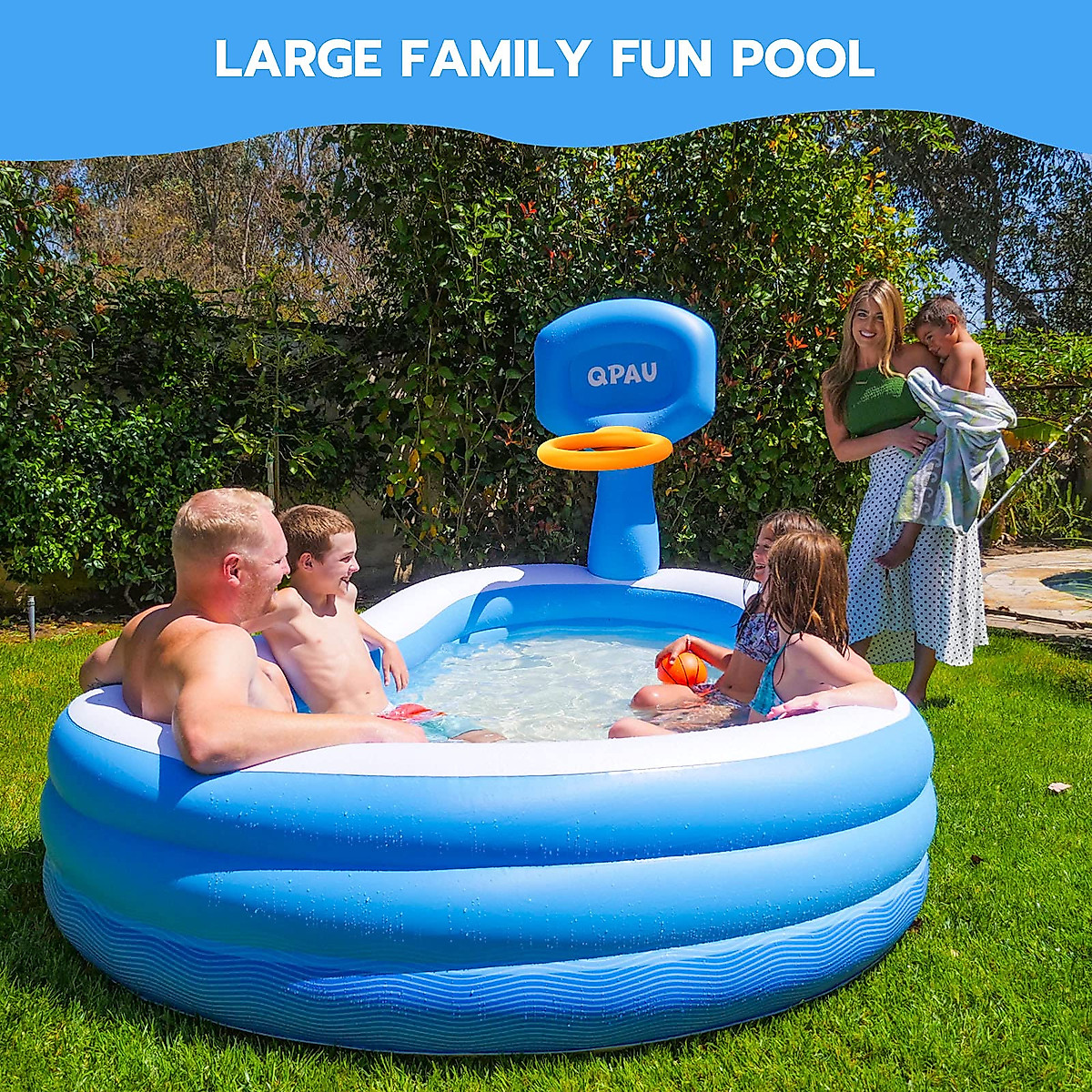 QPAU Inflatable Swimming Pool, Blow Up Pool,Inflatable Pool with Basketball Hoop Family Pool for Kids, Adults, Outdoor, Backyard, Pool Party