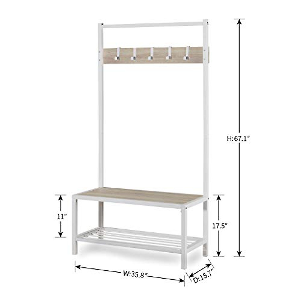 HOMISSUE Modern Style 2 Shelf Hall Tree with Storage Bench, Light Oak Bench and Lower Shelf with White Steel Frame, Entryway Shoe Rack with 5 Hooks for Garments