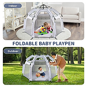 RUNBOW Baby Playpen - Indoor & Outdoor Playpen with Canopy, Portable Playpen for Babies and Toddlers-Baby Beach Tent,Foldable Travel Bag-Pop Up Pack and Play Yard(Grey)