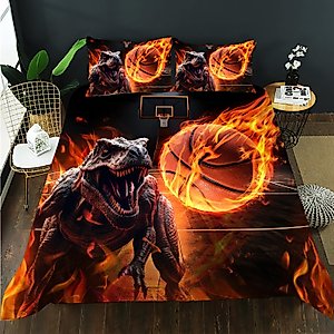 AILONEN 3D Basketball Duvet Cover Set Full Size, Fire Basketball Duvet Cover,3D Dragon Roar Bedding Set,Basketball Frames Comforter Cover,1 Quilt Cover and 2 Pillowcases,3 PCS