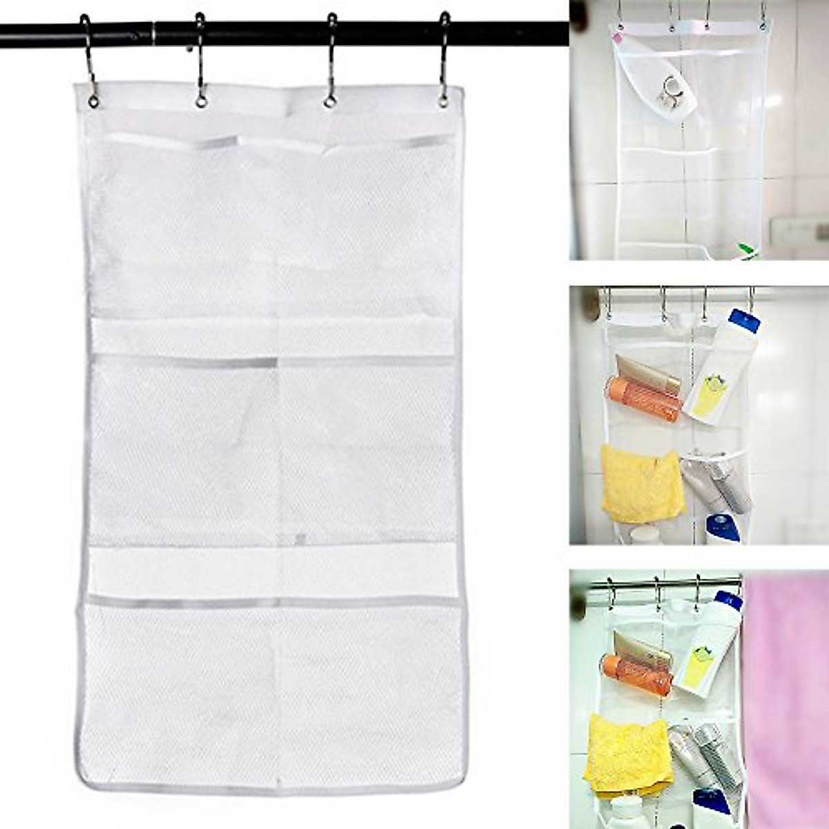 2 Pack Mesh Shower Organizer Hanging Mesh Pockets Bathroom Caddy 6 Pockets Hang Curtain Rod with 4 Rings, Shampoo Shower Organizer, Quick Dry, Space Saving