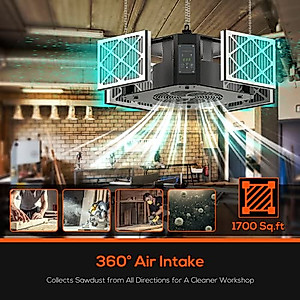 ABESTORM 360 Degree Intake Air Filtration System Woodworking -(1350 CFM) Hanging Air Filter with Strong Vortex Fan for Wood Workshop, Garage, Shop Dust Collectors, Up to 1700 sq. ft, DecDust 1350