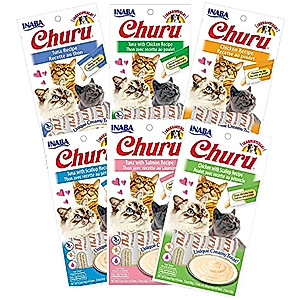 INABA Churu Lickable Purée Wet Treat for Cats - No Grains, No Preservatives, with Added Vitamin E and Green Tea - 6 Flavor Pack of 24 Tubes