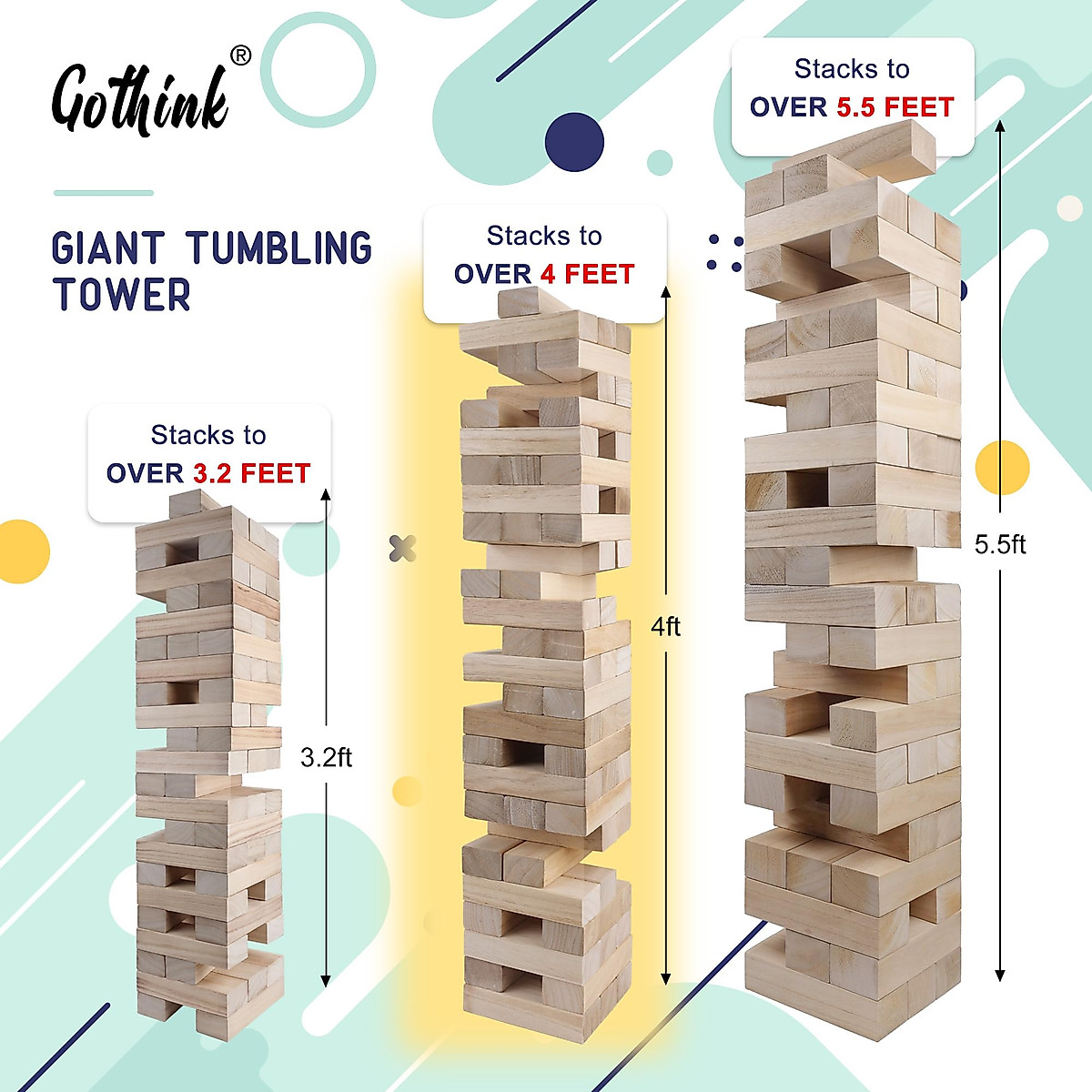 GOTHINK Giant Tumble Tower Game, Large Tumbling Tower Stack to Over 4 FT 54pcs Wooden Jumbo Blocks for Outside Yard Games with Carry Case Timber Stacking Game Night Toy Gift for Kids Adults Family