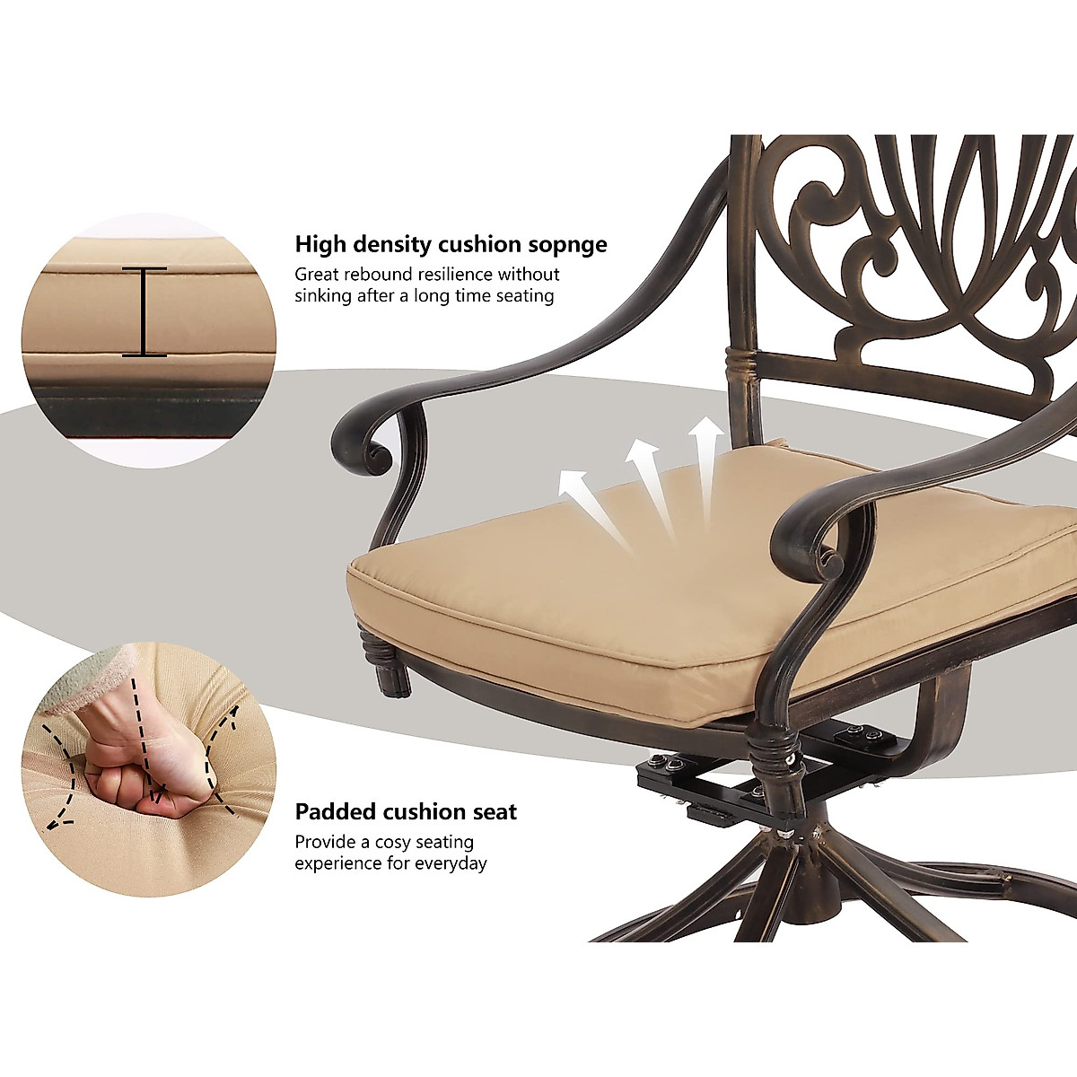 Grepatio 7 Piece Patio Dining Set Outdoor Dining Set Cast Aluminum Furniture Set with 6 Dining Swivel Chairs with 6 Cushions and Dining Table for Backyard Garden Deck Poolside (Khaki)