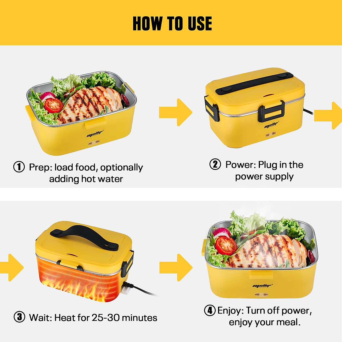 WITLIGHT Electric Lunch Box, Mellif Compatible with dewalt 20V Max Battery (NOT Included) 75W 62OZ(1.8L) Food Heater 110V/12V/24V for Home/Truck/Jobsite, Leak-proof Portable Heated Lunch Kit
