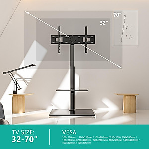 WALI TV Floor Stand for 32-70inch TVs up to 88lbs, Universal Floor TV Stand Mount, Swivel and Height Adjustable Tall TV Stand with Tempered Glass Base and Shelf for Living Room,Bedroom,Office(TVDVD-6)