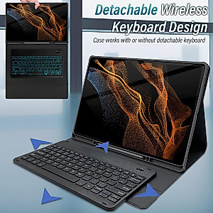 Wineecy Backlit Keyboard Case for Samsung Galaxy Tab S8 Ultra 14.6 Inch 2022(SM-X900/SM-X906), 7 Colors Backlight Detachable Wireless Keyboard & PU Folio Stand Cover Case for Tab S8 Ultra (Black)