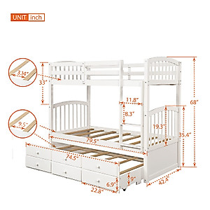 SOFTSEA Twin Over Twin Bunk Bed with Twin Trundle, 4 Step Ladder and 3 Drawers