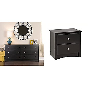Sonoma 6 Drawer Double Dresser for Bedroom, Black & Sonoma 2-Drawer Nightstand, Black