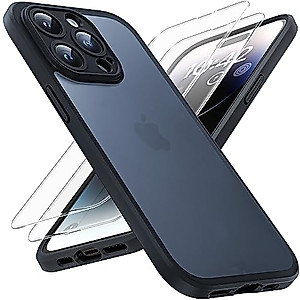 TOCOL 3 in 1 for iPhone 14 Pro Case, [Upgraded Camera Protection] with 2 Pack Screen Protector, [Military Grade Drop Tested] Shockproof Slim Translucent Matte Back Cover 6.1", Black