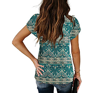 ETCYY Womens Summer Tops 2024 Trendy Casual Cap Sleeve Tops Striped Print Cute Tops Petal V Neck Short Sleeve Shirts(L.Flower Retro)