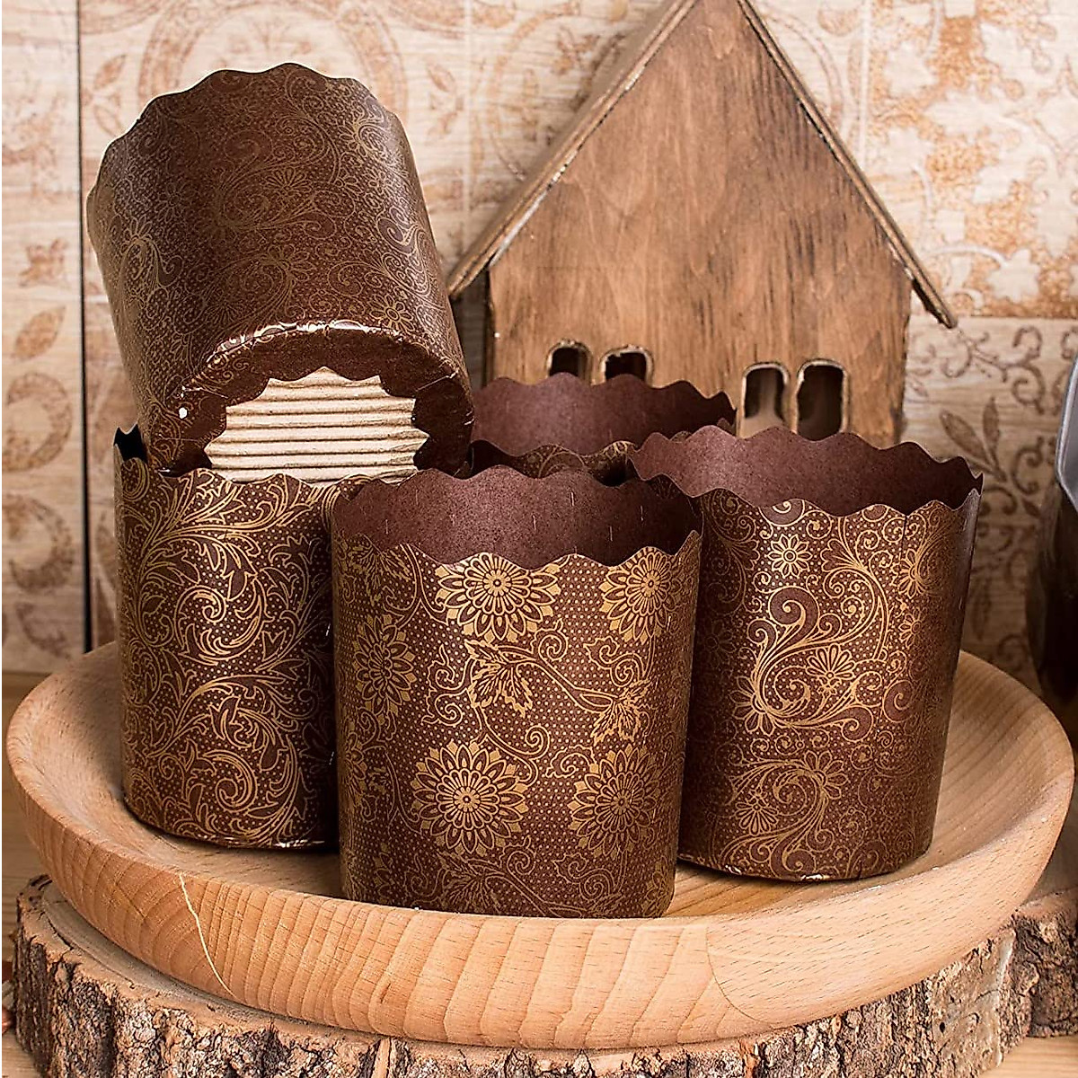 8 oz Panettone Paper Mold | 25 Pack | Easter Bread Paper Mold - Round Italian Non Stick Panettone Paper Baking Molds - Brown Design W 3.55 x H 3.35-In by SHSH trade group