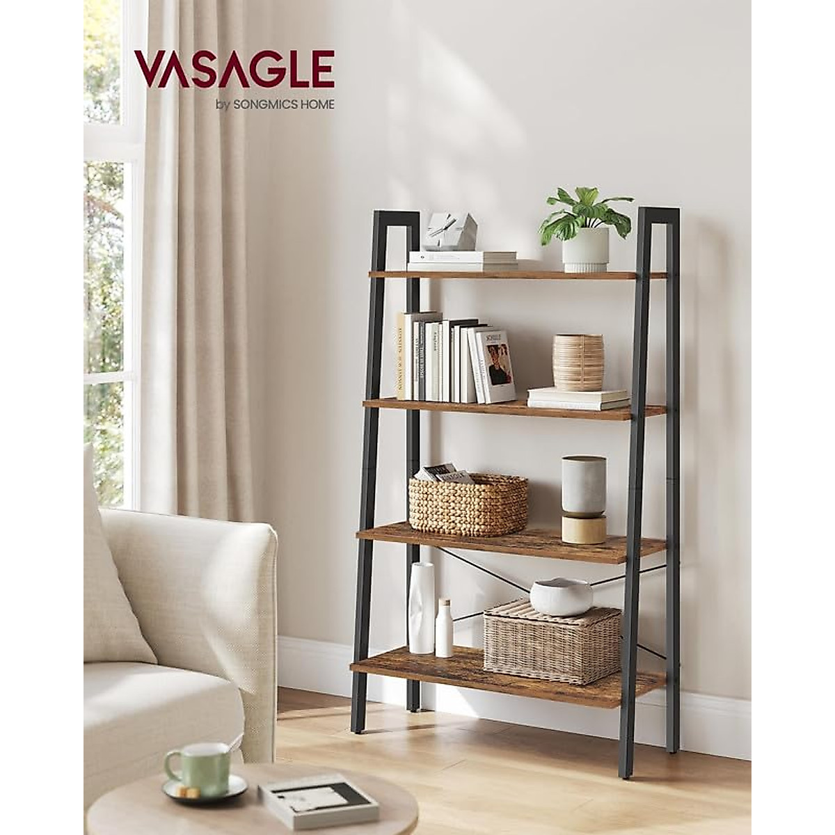 VASAGLE Ladder Shelf, 4-Tier Bookshelf, Storage Rack, Bookcase with Steel Frame, for Living Room, Home Office, Kitchen, Bedroom, Industrial Style, Rustic Brown and Black ULLS144B01