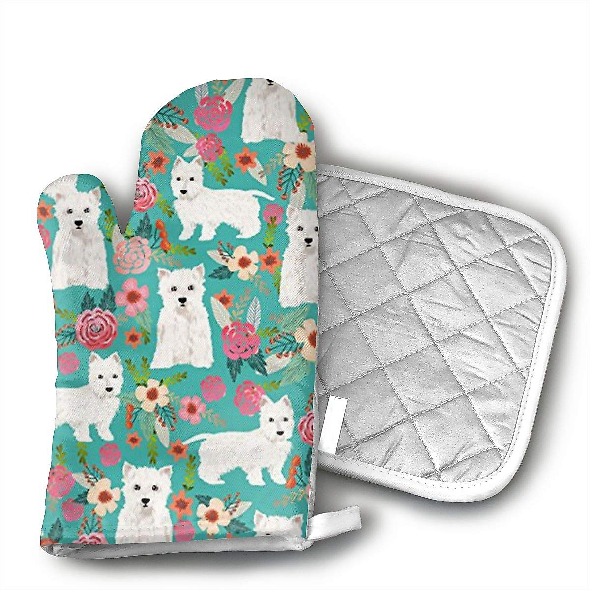 Westie Florals Cute Dog Oven Mitts - Pot Holders - Decor for The Kitchen - Potholder Oven Mitt Set (2 Piece) Includes 1 Potholders 1 Oven Mitts - Kitchen Decor