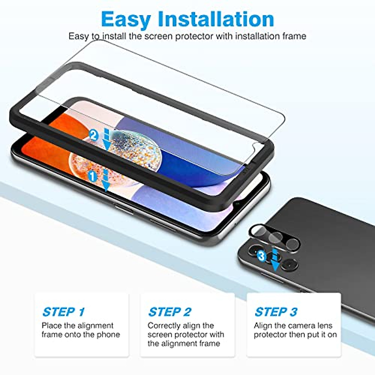 [3+2 Pack] OMOTON Screen Protector for Samsung Galaxy A14 5G, 3 Pack protector & 2 Pack Camera Lens Tempered Glass Compatible with Samsung A14 (6.6 Inch, 2023 Released), Guide Frame/Bubble Free