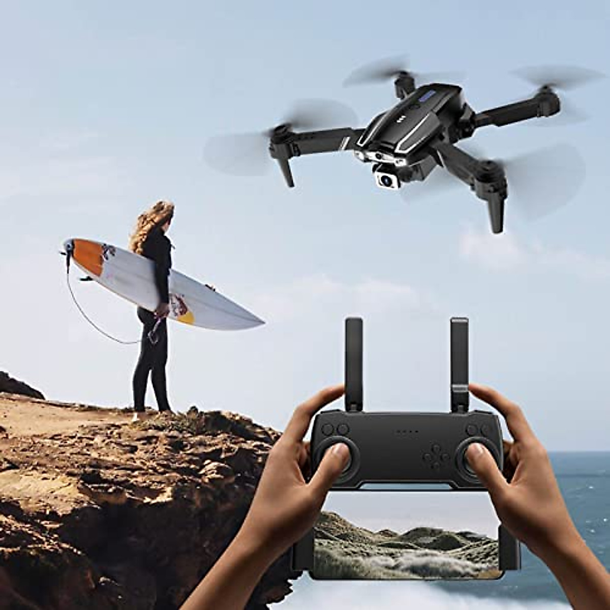 4K Dual HD Camera Drone, 4K Aerial Photography Drone 4 Channels 80m/262.5ft RC Distance Anti Interference Foldable Stable for Outdoor (Black)