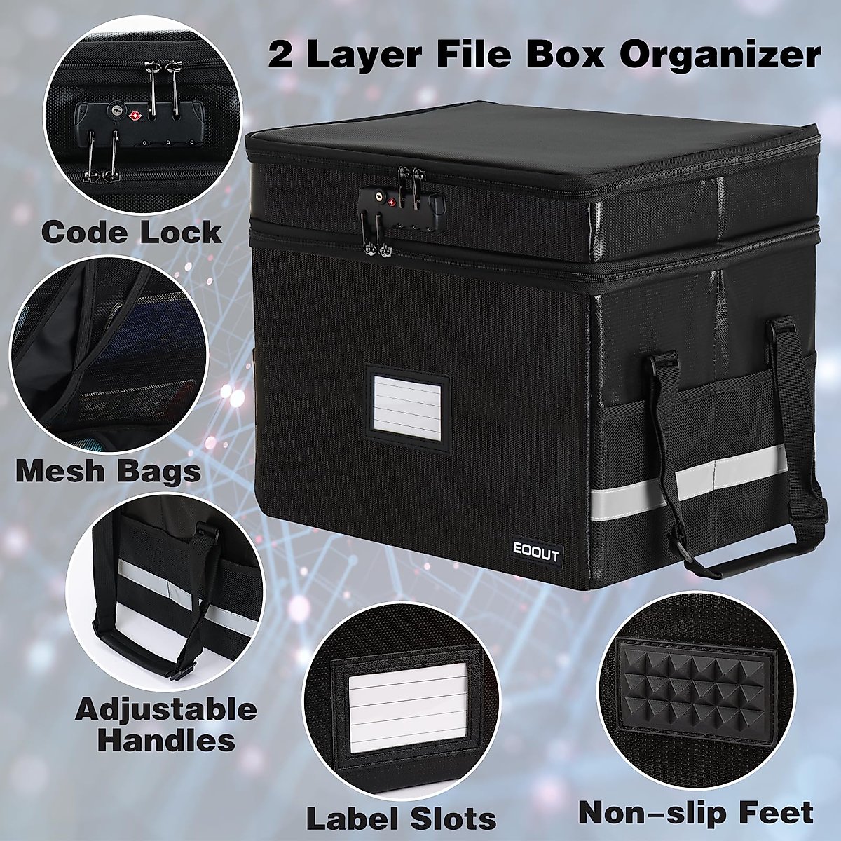 EOOUT Fireproof Document Box, 2 Layer File Organize Box, Portable Fireproof Waterproof Office Collapsible File Storage for Hanging Letter/Legal Size Folder/Certificate