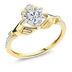 Gem Stone King 10K Yellow Gold Heart Shape White Moissanite and White Diamond Solitaire Irish Celtic Claddagh Ring For Women (0.86 Cttw, Available in size 5, 6, 7, 8, 9)