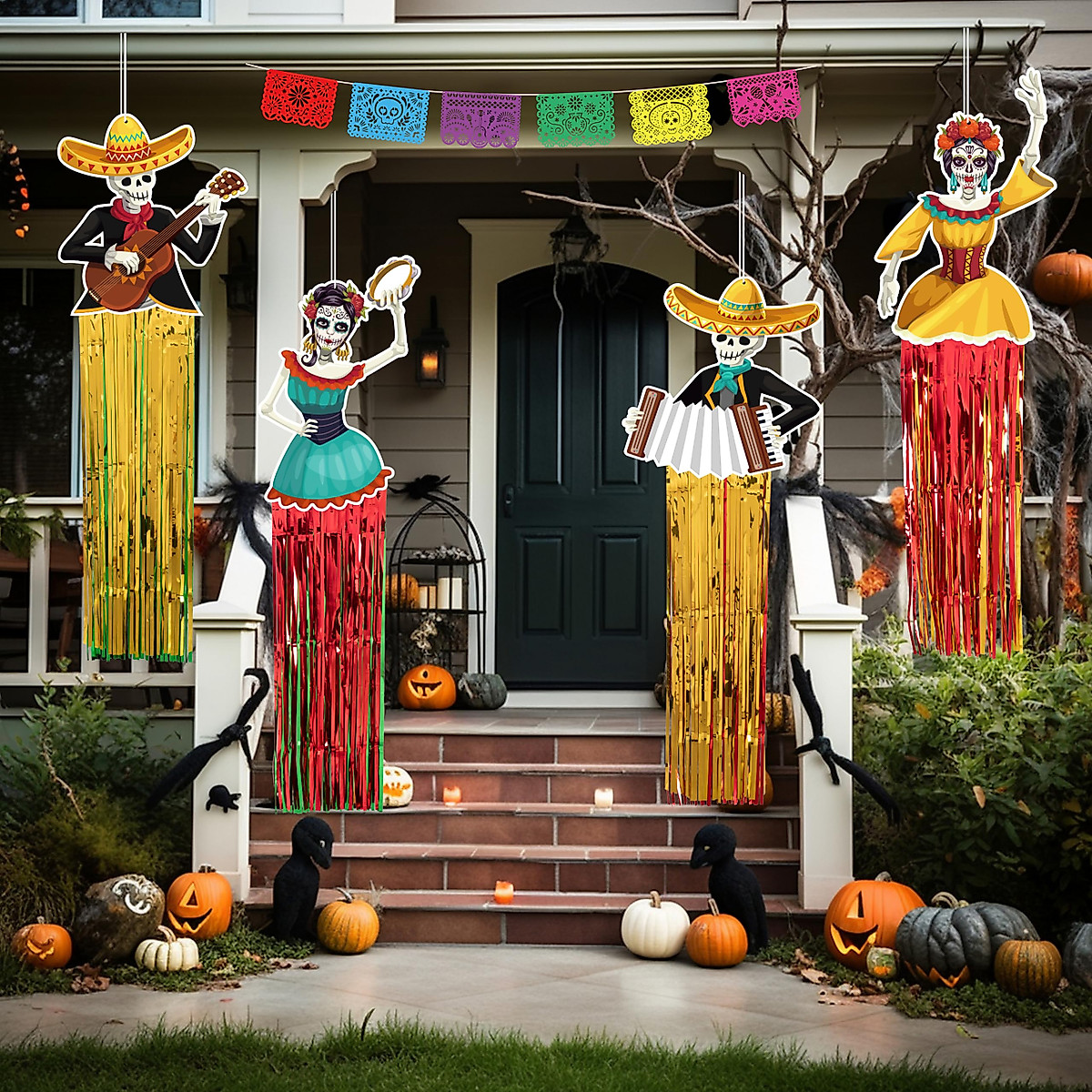 6Pcs Day of The Dead Decorations Sugar Skull Hanging Decor - Dia De Los Muertos Papel Picado Banner Mexican for Halloween Party Home Outdoor Decoration