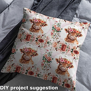 Feelyou Cute Highland Cow Fabric by The Yard 2 Yards Cartoon Animal Decorative Waterproof Outdoor Fabric Flower Floral Print Upholstery Fabric for Chairs Farm Zoo Garden Theme DIY Reupholstery Fabric