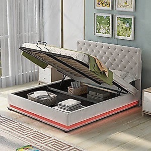 FIQHOME Queen Size Lift up Storage Bed, Upholstered Platform Bed with LED Light, Bed Frame Full Size with Velvet Tufted Adjustable Headboard for Teens Adults,Beige