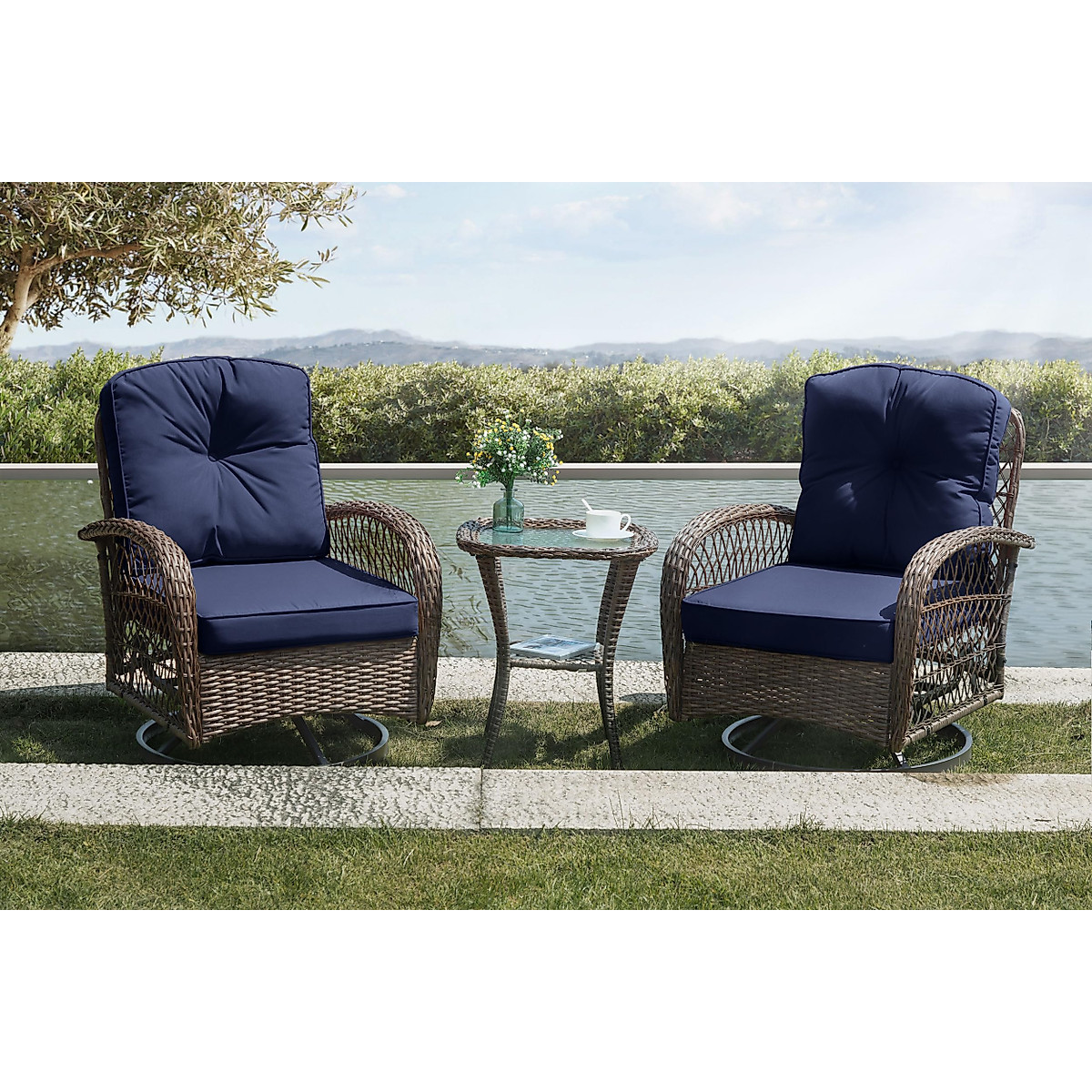 SHA CERLIN 3 Pieces Patio Furniture Set, Outdoor Swivel Glider Rocker, Wicker Patio Bistro Set with Rocking Chair, Cushions and Table (Blue)