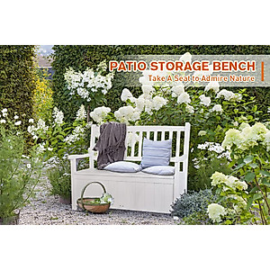 Outdoor Storage Bench Loveseat Deck Box Bench with Arm Back Patio Furniture 2-Seat Container Solid Wood for Garden Tools & Pool Toys Deck Storage Bench for Patio Garden Storage Porch White 450lbs