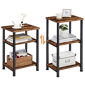 HOOBRO Side Table, Height-Adjustable Nightstand with Storage Shelves, 3-Tier Tall Industrial End Table, Coffee Table, for Living Room, Bedroom, Study, Solid Structure, Rustic Brown BF65BZ01