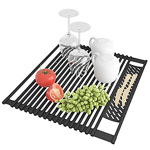 Arausk 15.7" x 14.5" Roll up Dish Drying Rack Portable Dish Rack Multipurpose Dish Drainer Foldable Stainless Steel Over Sink Kitchen Drainer Rack for Cups Vegetables (L)