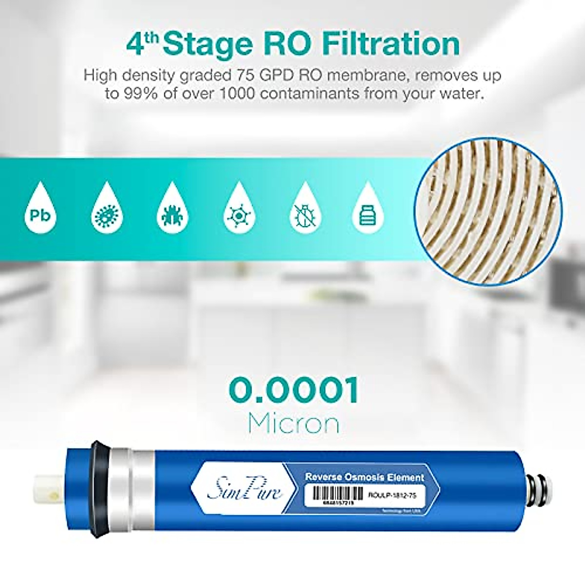 SimPure 5-Stage Reverse Osmosis Replacement Filter Set with 75 GPD RO Membrane, 5pc Pre & Post Replacement Cartridge Pack Kit for Standard 5-Stage Reverse Osmosis RO Systems