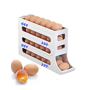 30 Eggs Egg Holder for Fridge,4 Tiers Egg Holder for Fridge,Auto Rolling Fridge Egg Organizer for Refrigerator,Space-Saving Egg Dispenser Holder,Fridge Egg Rack, Egg Storage Rack for Kitchen(White)