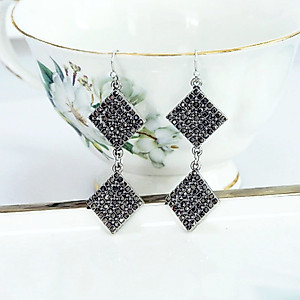 Jet Black Rhinestone Dangle Earrings for Women Silver Plated Sparkling Diamonds Drop Statement Earrings - Hypoallergenic (2 SQUARE)