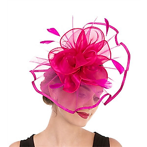 Fascinator Women's Organza Church Kentucky Derby British Bridal Tea Party Wedding Hat Summer Ruffle Hat(Hj2-Fuschia)