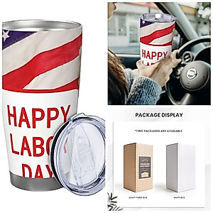 Happy Labor Day Tumbler with Lid and Straw 20oz Stainless Steel Car Cup for Hot and Cold Drinks, Double Wall Insulated Travel Coffee Mug Reusable Drink Thermos Cup Birthday Gifts