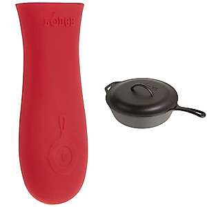 Lodge 5-Quart Pre-Seasoned Cast Iron Deep Skillet and Cover with Red Silicone Hot Handle Holder