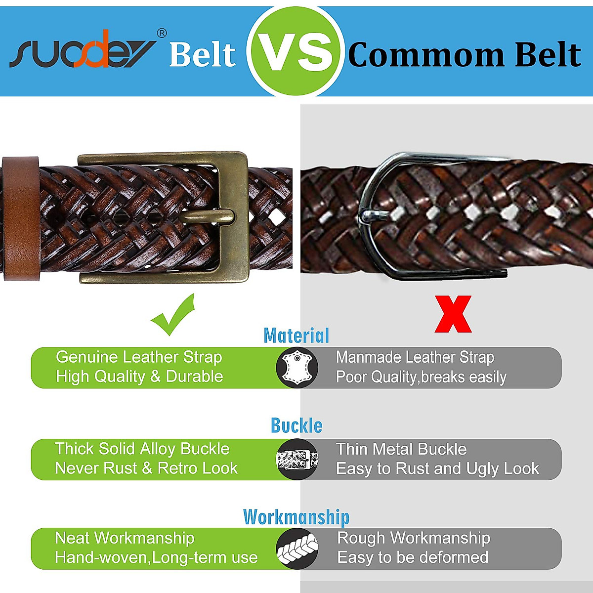 SUOSDEY Mens Braided Leather Belt Cowhide Woven Leather Belt for Casual Jeans Pants with Solid Prong Buckle,tan