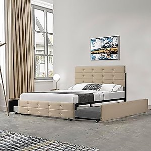 Prohon Upholstered Platform Bed with Trundle & 2 Drawers, Wood Bed Frame Queen Size, Modern Bedframes with Linen Tufted Headboard for Kids, Teen & Adults, No Box Spring Needed, Light Beige