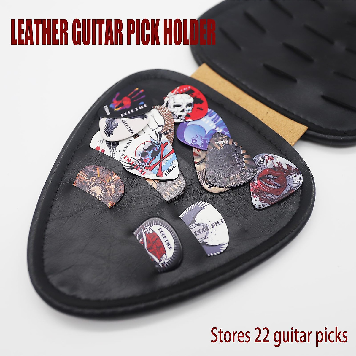 RAUYIVANY Guitar Pick Holder Case with 22 Picks, inner-outer layer Pure Leather for Storage 22 Slots Various Thickness Picks Pouch. Guitarist Gift