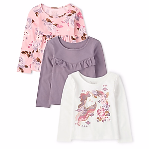The Children's Place Baby Toddler Girls Long Sleeve Fashion Shirt 3-Pack, Pink Fall/LT Plum/Fall Unicorn 3 Pack, 12-18 Months