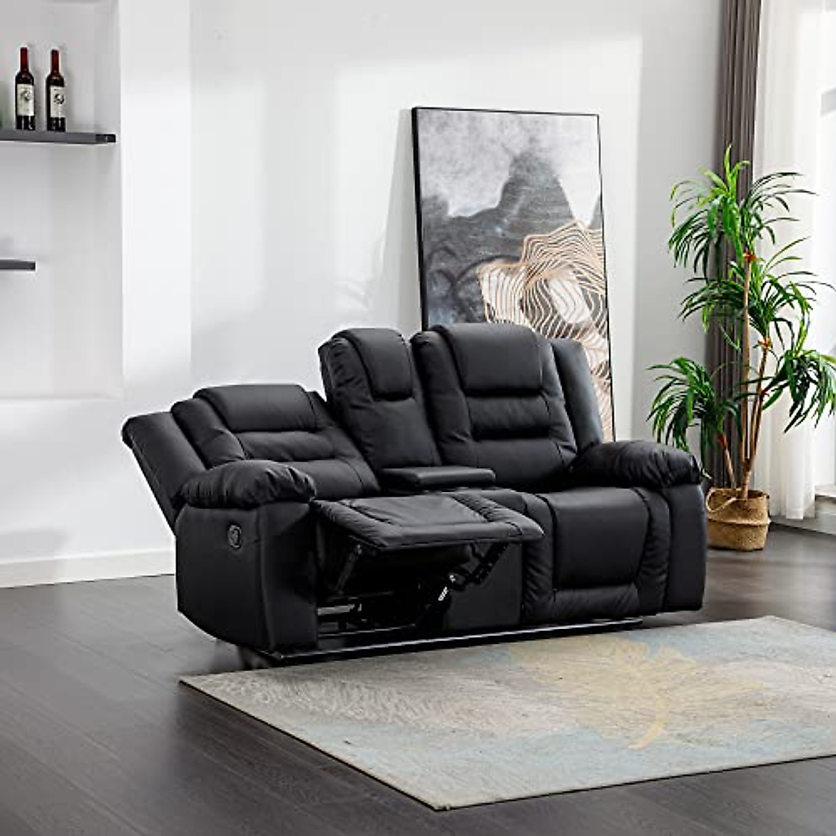 ERYE Faux Upholstered Manual Motion Seaters 2 Cup Holders and Two Recliner Chaise, Wall Hugger Sofa & Couch for Home Theater Apartment RV Living Room Furniture Sets, Black PU Leather 77.9" W