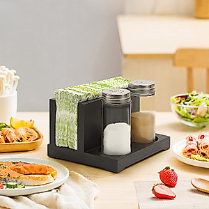 AKKO Rustic Napkin Holder with Salt and Pepper Shakers, Wooden Napkin Holder for Table with 2 Spice Bottles, Perfect for Dining Table, Kitchen, Restaurant