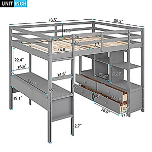 Harper & Bright Designs Full Size Loft Bed with Desk and 2 Drawers, Solid Wood Full Loft Bed with Storage Shelves and Drawers for Girls Boys Teens Adults,No Box Spring Needed,Grey
