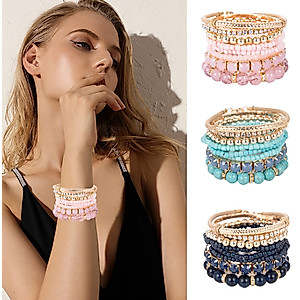 SAMOCO 9 Sets Bohemian Stackable Bead Bracelets for Women Stretch Multilayered Bracelet Set Multicolor Jewelry