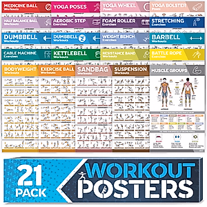 [21-PACK] Laminated Large Workout Poster Set - Perfect Workout Posters for Home Gym - Exercise Charts Incl. Dumbbell, Yoga Poses, Resistance Band, Kettlebell, Stretching & More Fitness Gym Posters