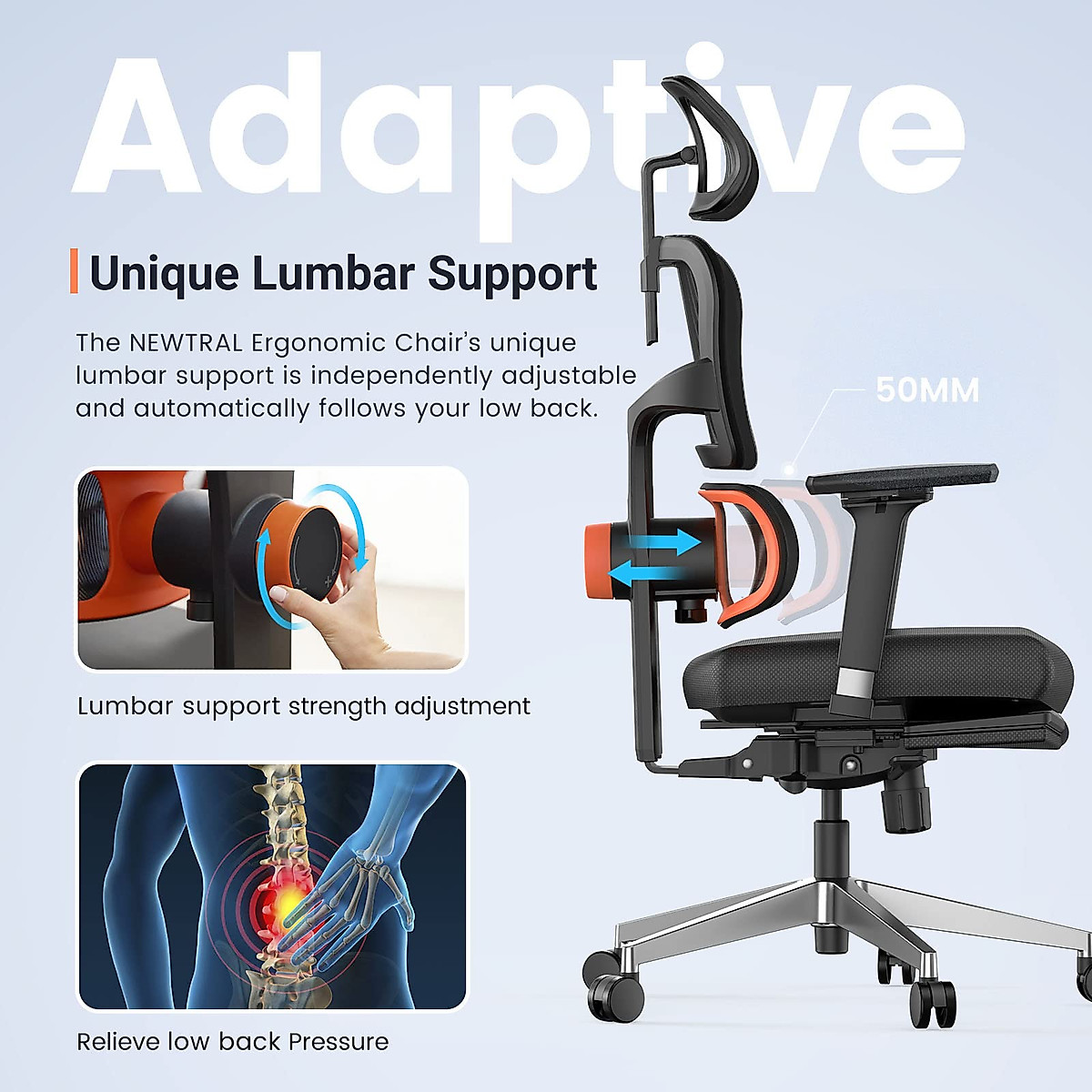 Newtral Ofiice Chair Ergonomic with Footrest -High Back Desk Chair with Fully Adaptive Lumbar Support, Adjustable Headrest, 4D Armrest, Tilt Lock, Task Chair for Office and Home