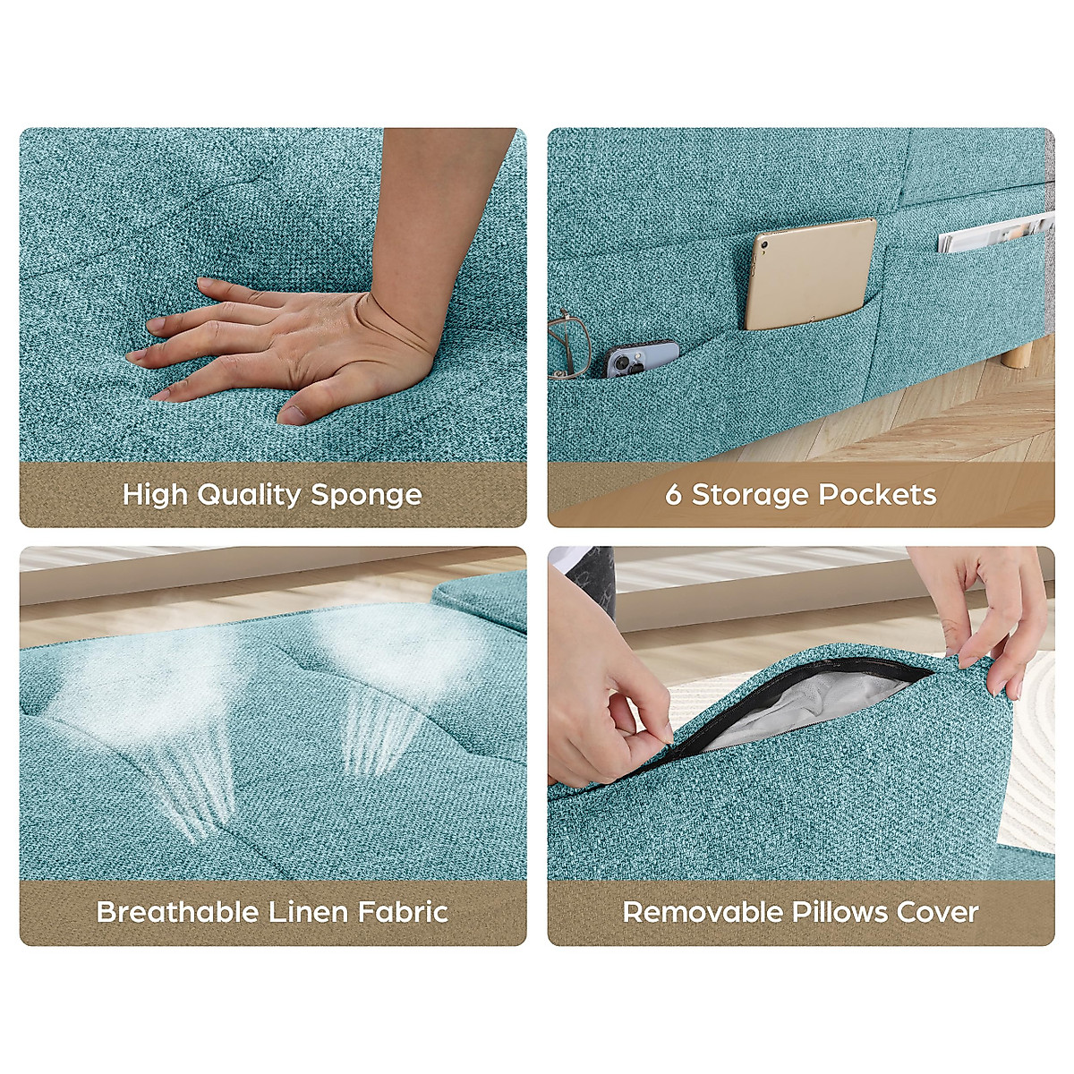 SEJOV Sleeper Sofa Chair Bed,4-in-1 Convertible Sofa Bed Chair with 6 Adjustable Backrest and Pillow, 3-Seat Pull Out Sleeper Chair Linen No Backrest for Bedroom Small Space Living Room, Sky Blue