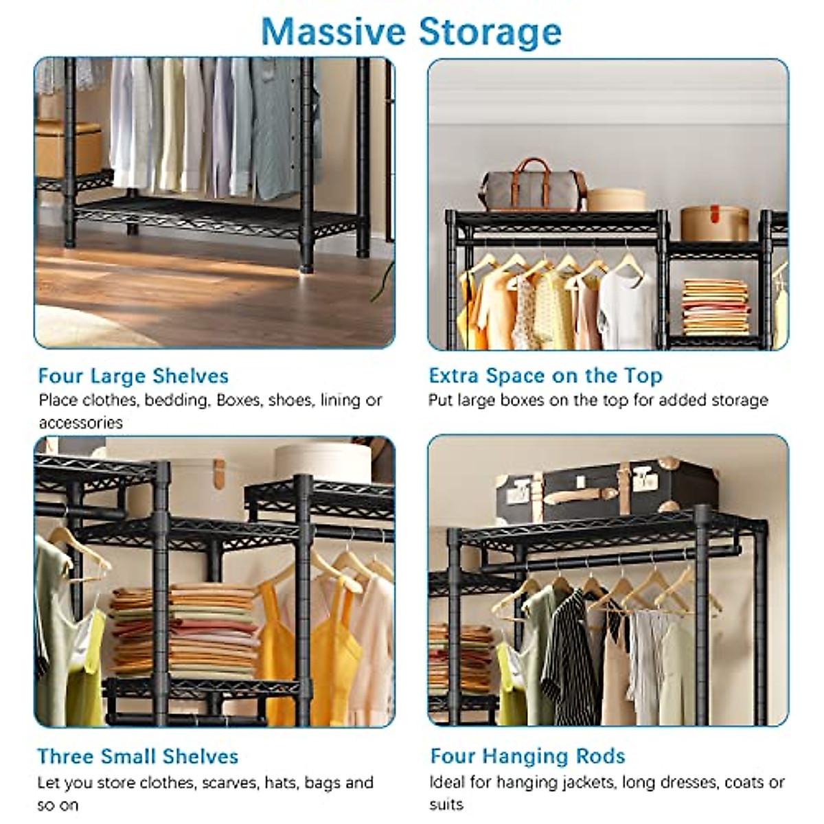 VIPEK V6 Wire Garment Rack Heavy Duty Clothes Rack for Hanging Clothes, Metal Freestanding Closet Wardrobe Rack, 71.2" L x 14.6" W x 76.8" H, Max Load 660lbs, Medium Size (Black)